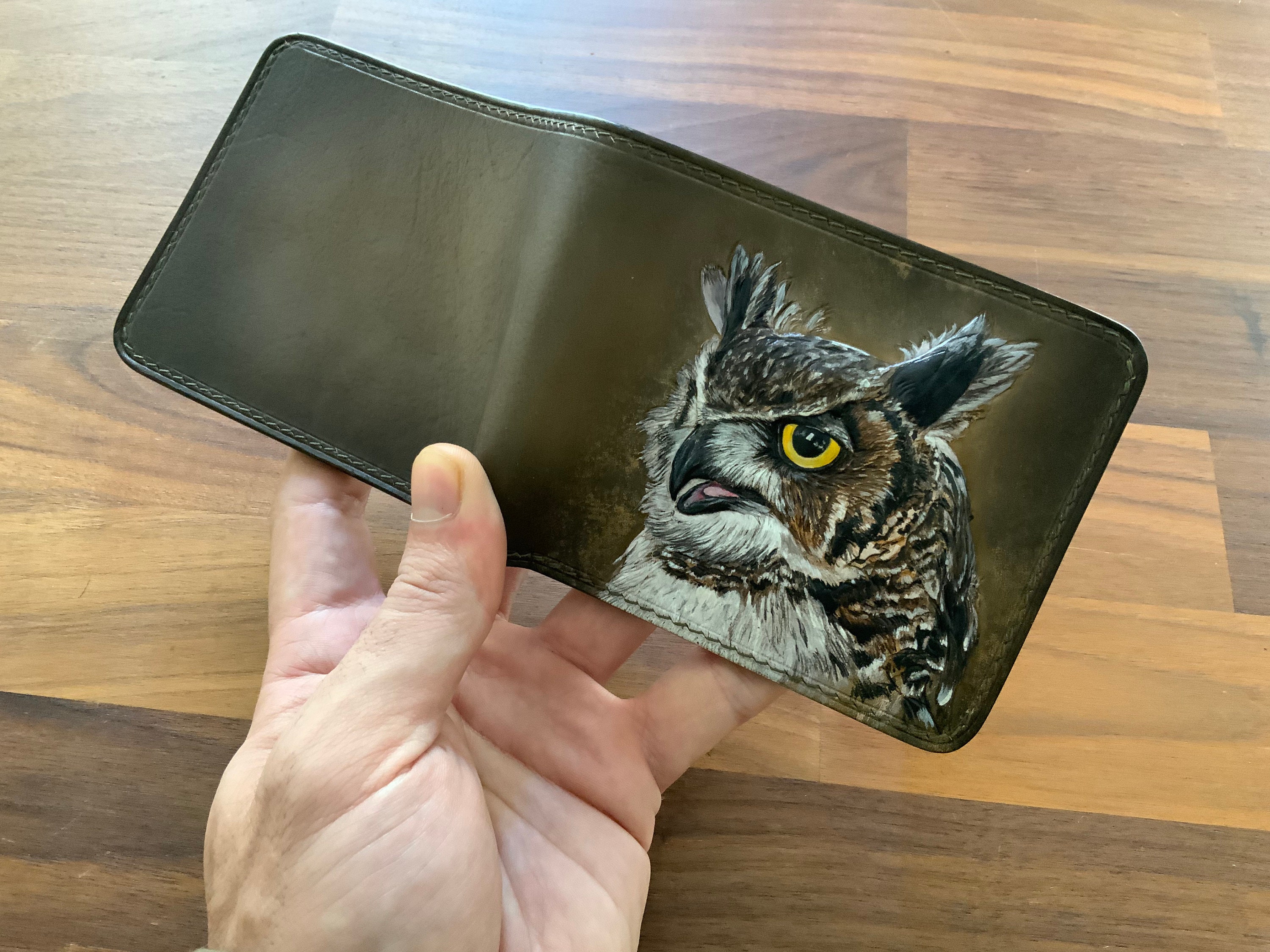 Owl Leather Wallet Horned Owl Wallet Leather Carving Wallet - Etsy