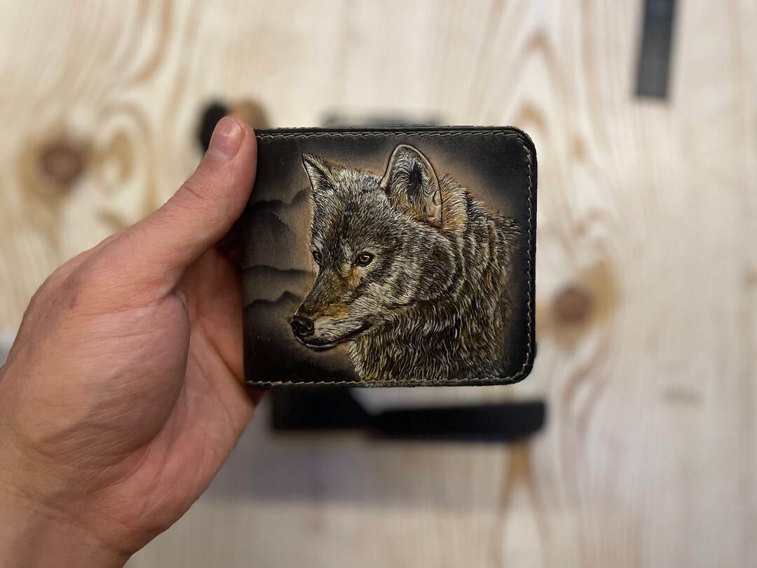 Wolf Carving Wallet, Grey Wolf, Leather Wallet, Rocky Mountains, Hand ...