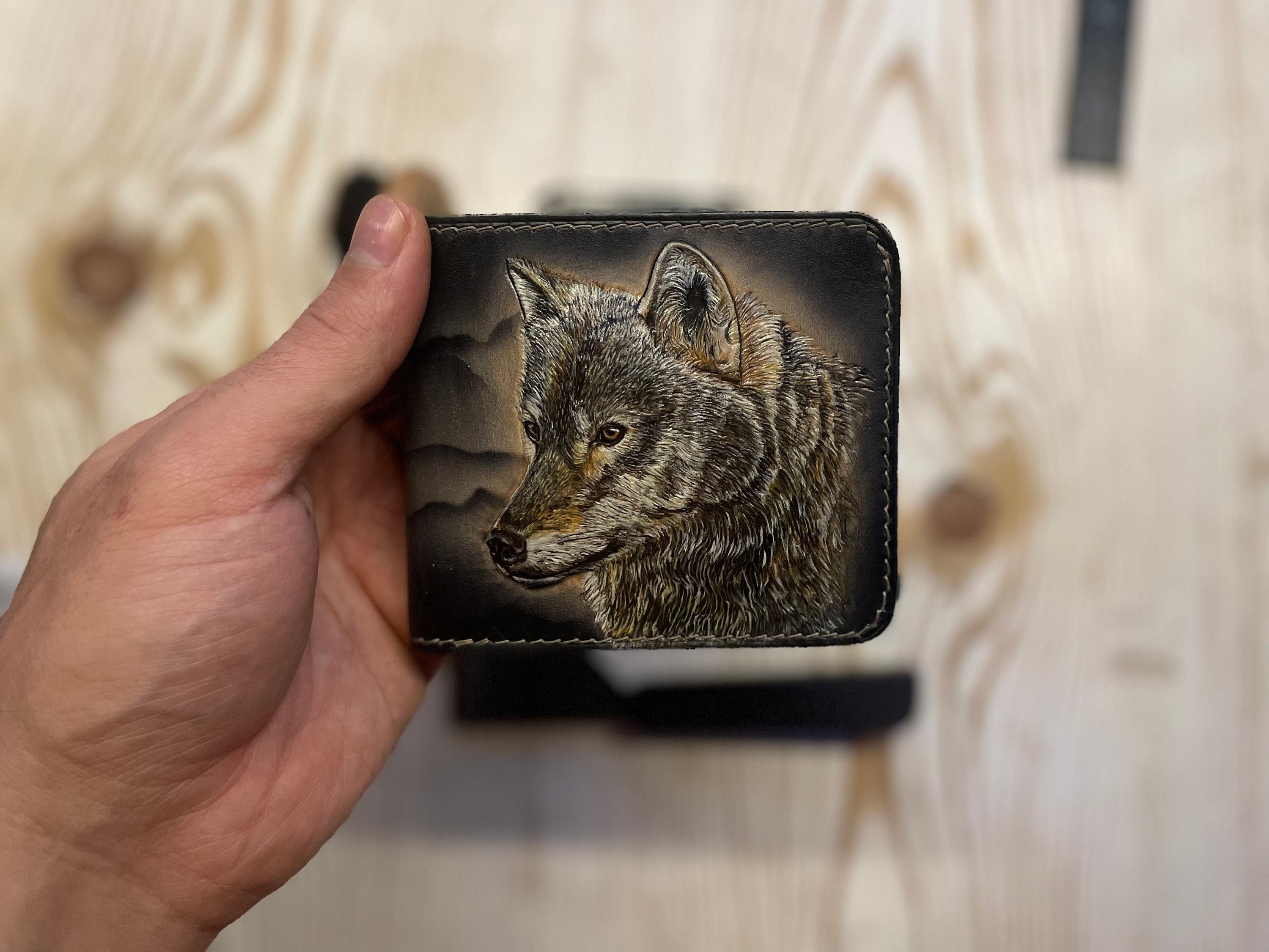 Wolf Carving Wallet, Grey Wolf, Leather Wallet, Rocky Mountains, Hand ...