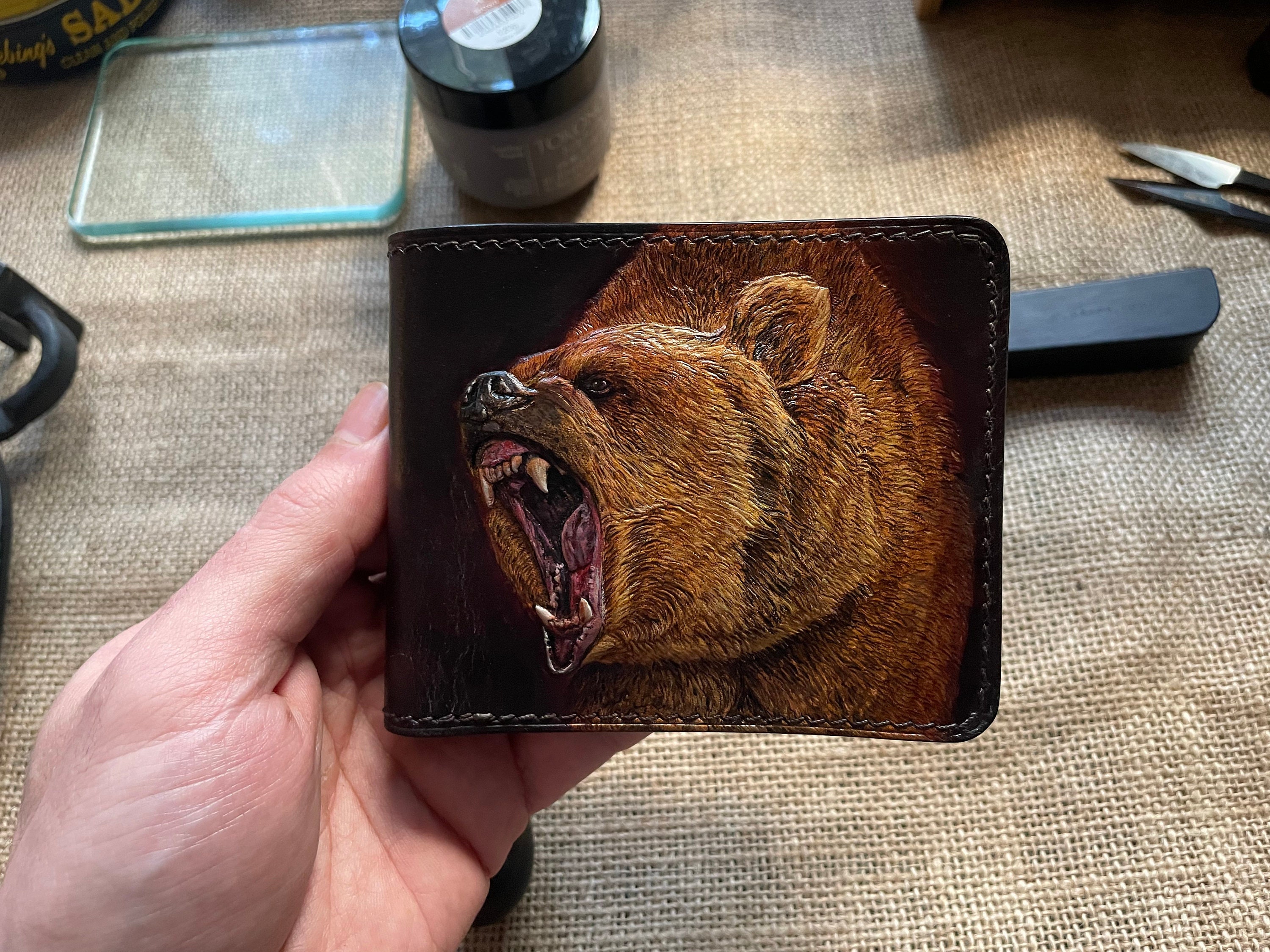 Bear Carving Leather Wallet Wild Bear Bifold Leather Wallet - Etsy