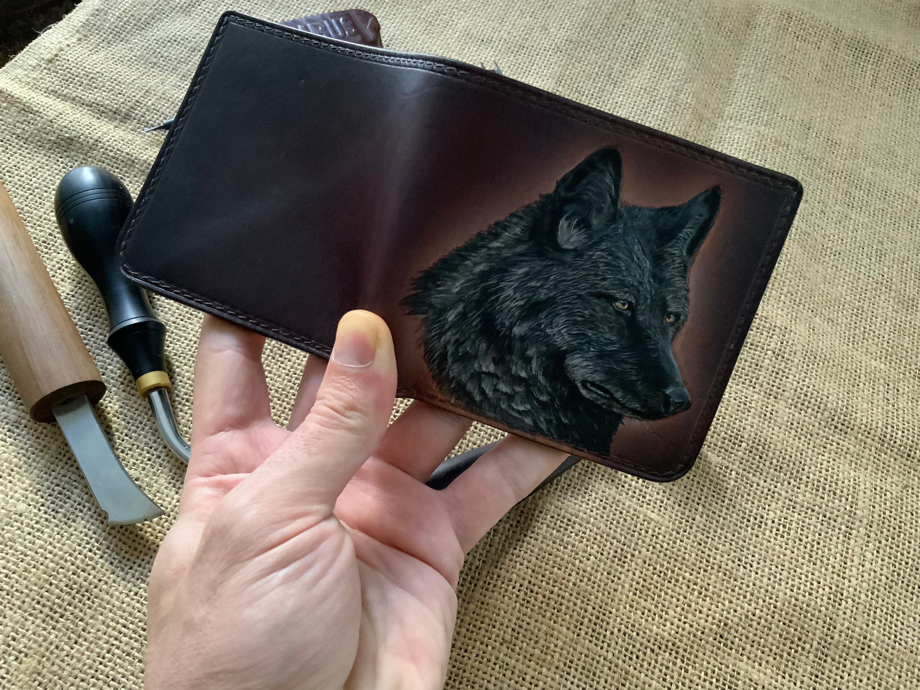 Black Wolf Wallet Handtooled Leather Wallet Wolf Carving - Etsy