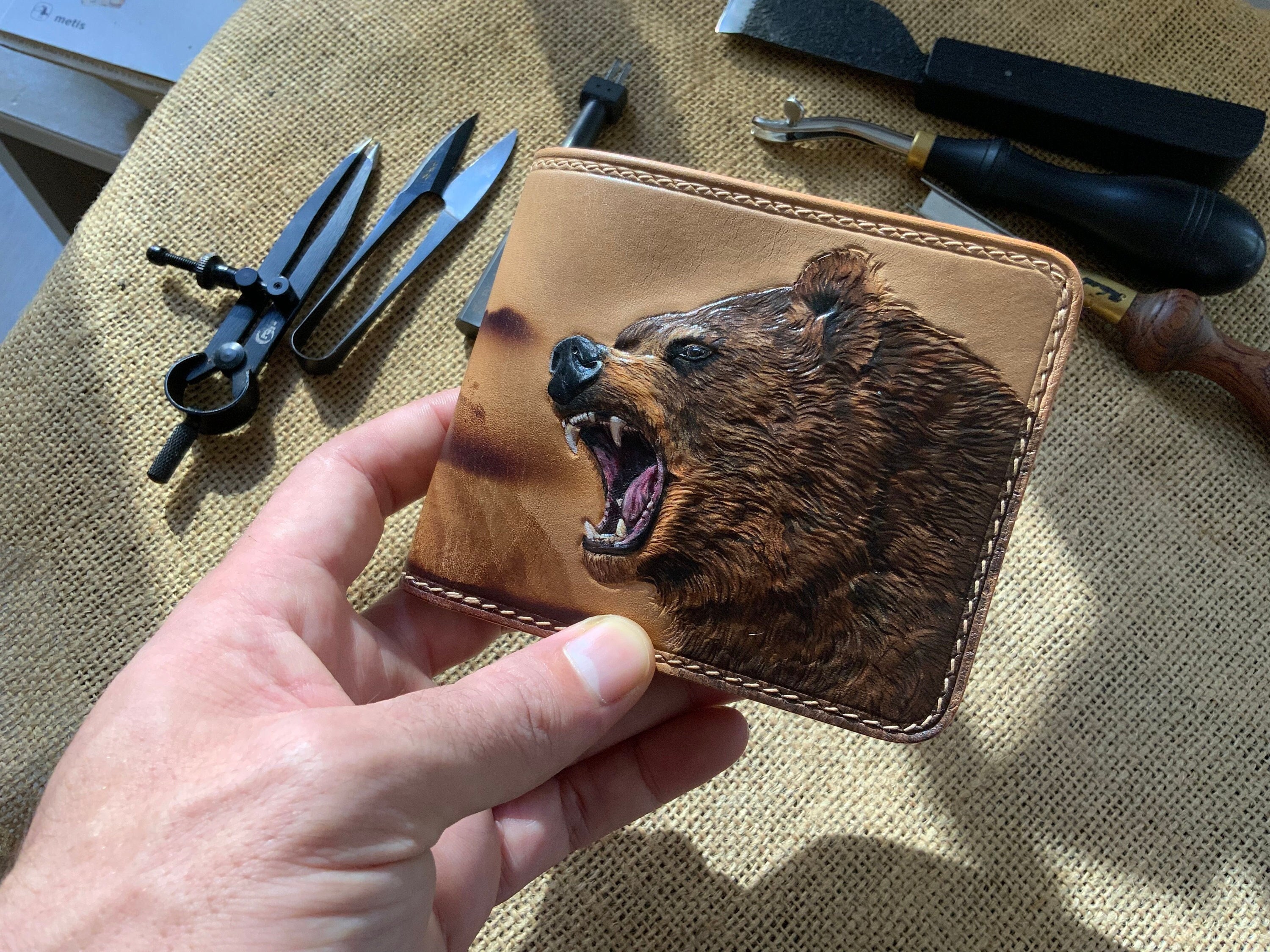 Bear Carving Wallet, Handtooled Leather Wallet, Personalized Wallet ...