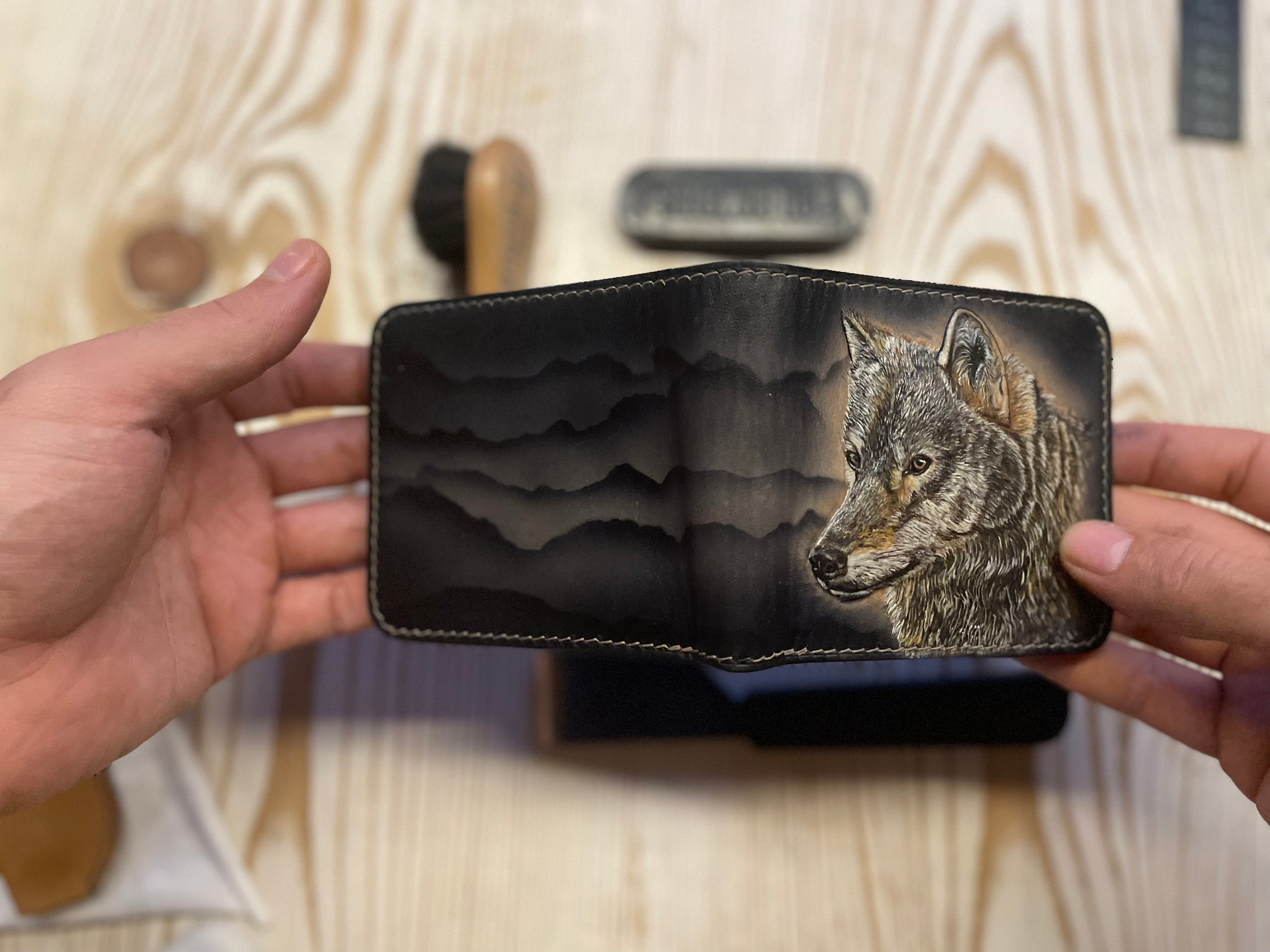 Wolf Carving Wallet, Grey Wolf, Leather Wallet, Rocky Mountains, Hand ...