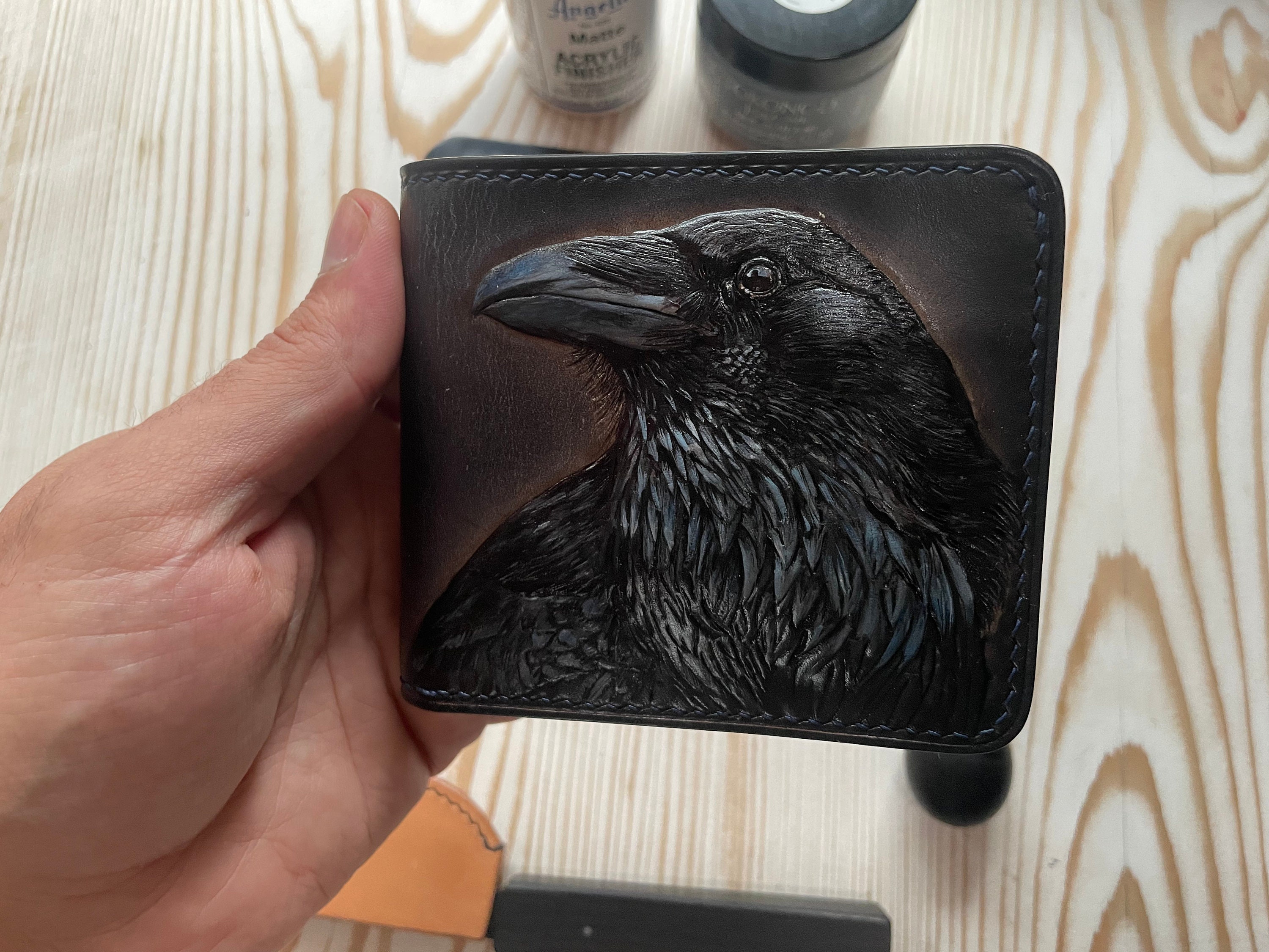 Raven Wallet, Carving Wallet, Vegtan Leather Wallet, Odin, Christmas ...