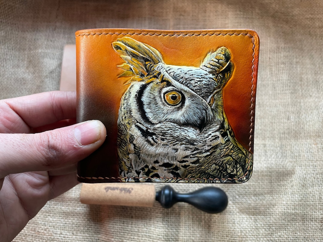 White Horned Owl Leather Carving Wallet, Leather Owl Wallet, Horned Owl ...