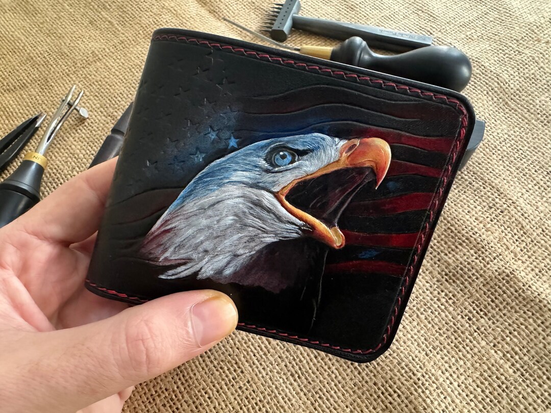 Eagle Carving Leather Wallet, Bald Eagle Wallet, American Flag & Eagle ...