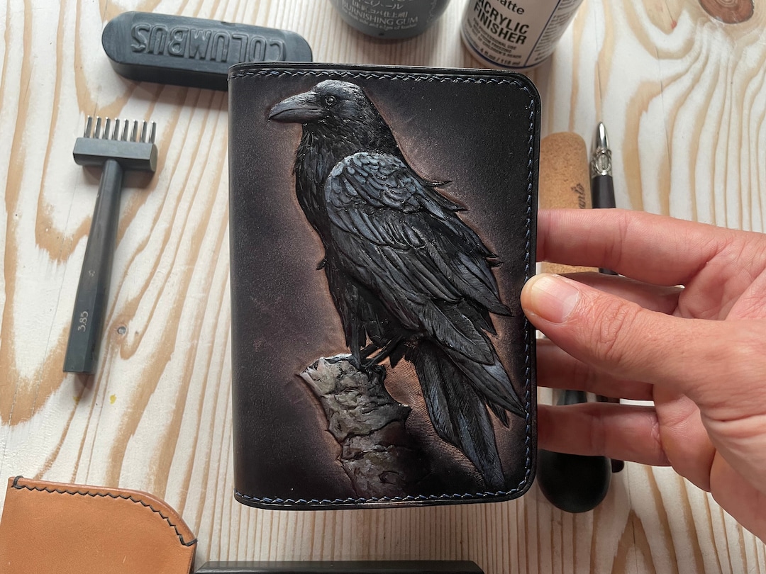 Raven Carving Leather Wallet Middle Leather Wallet Travel - Etsy