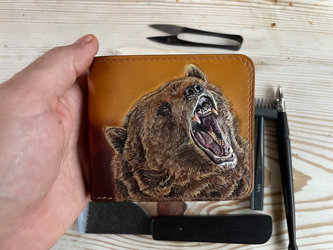 Bear Carving Wallet, Handmade Leather Wallet, Wild Bear Art, Christmas ...