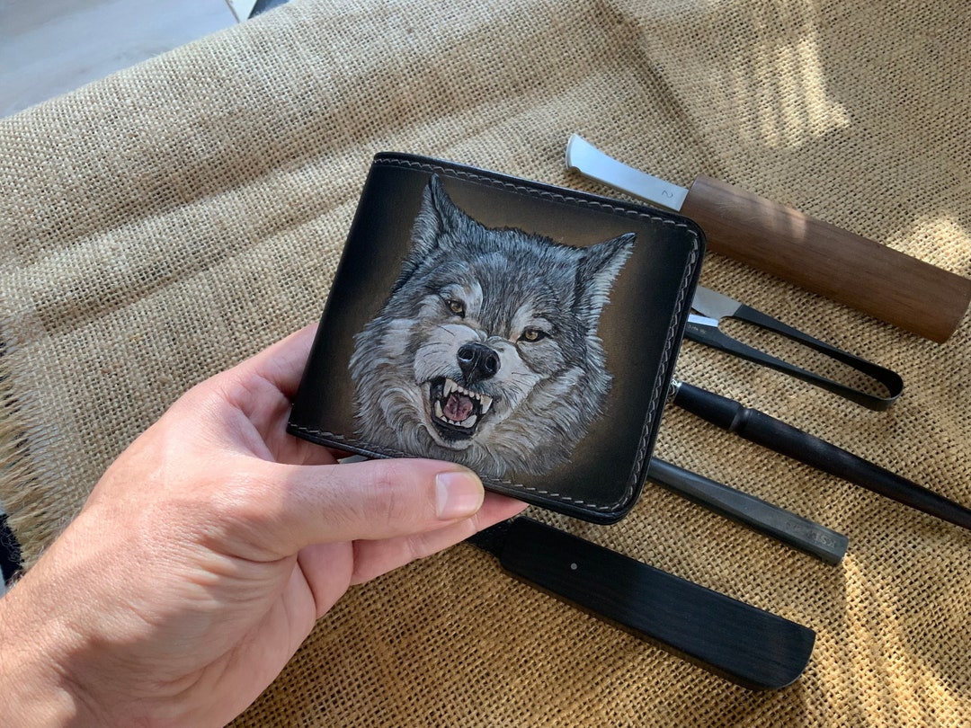 Wolf Carving Leather Wallet, White Wolf Wallet, Hand Tooled Wallet ...