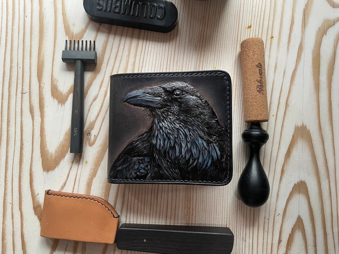 Raven Wallet, Carving Wallet, Vegtan Leather Wallet, Odin, Uniq Gift ...