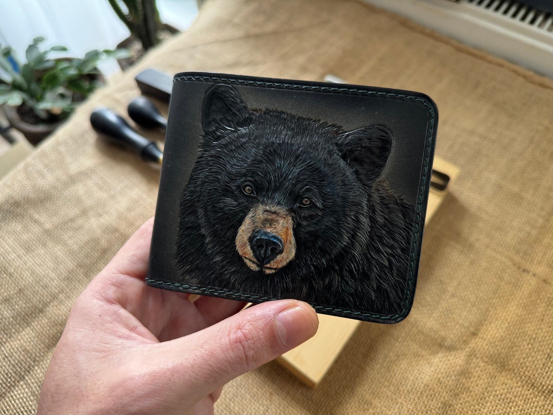 Black Bear Leather Wallet, Bear Carving Wallet, Handtooled Wallet ...