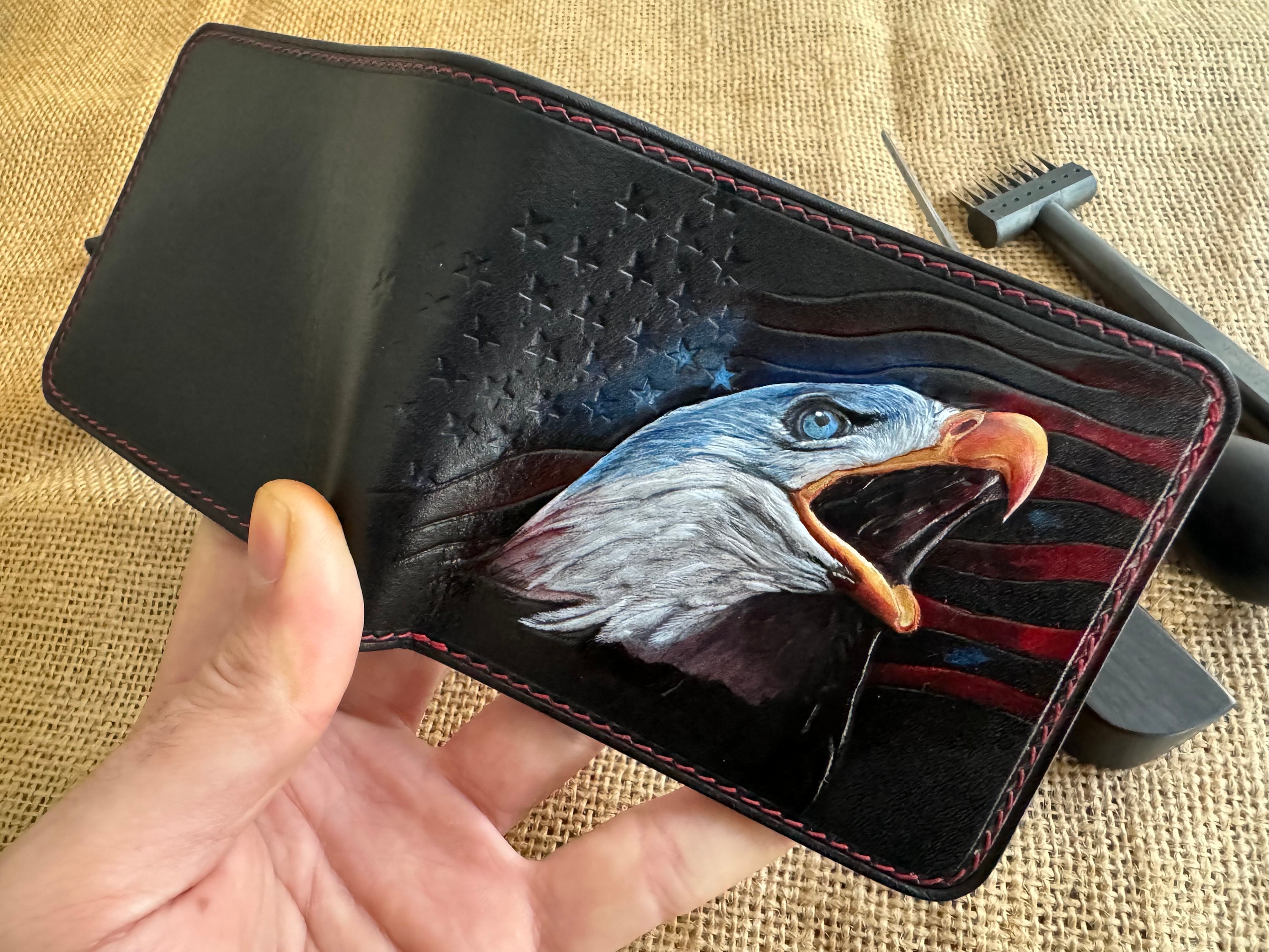 Eagle Carving Leather Wallet, Bald Eagle Wallet, American Flag & Eagle ...
