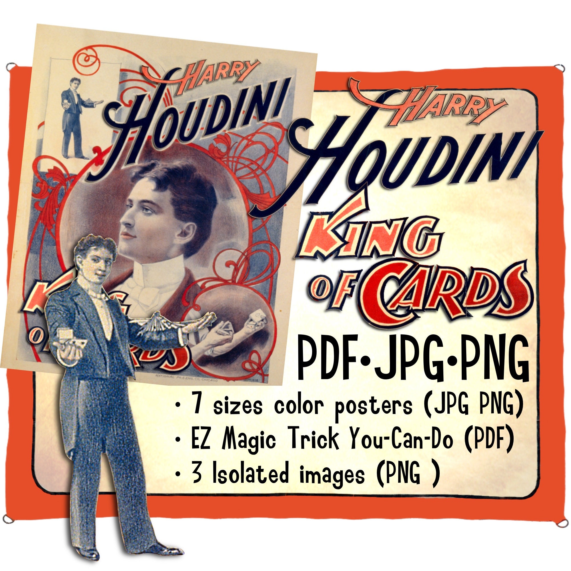 Vintage Houdini Magician Poster, Printable Large High Resolution Files ...