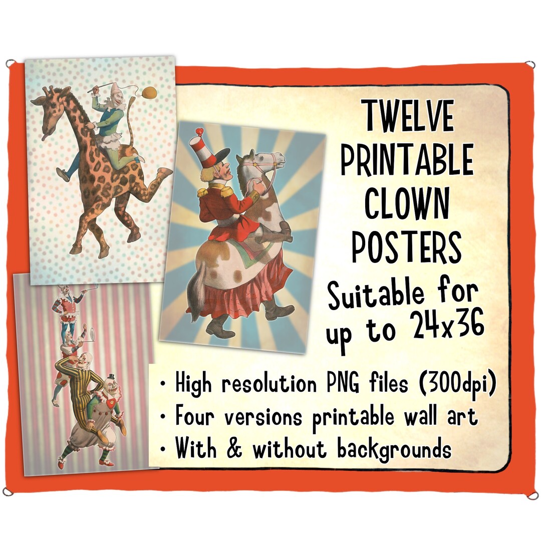 Twelve Fancy Circus Clowns Printable Wall Art Posters. Hi-res PNG Files ...