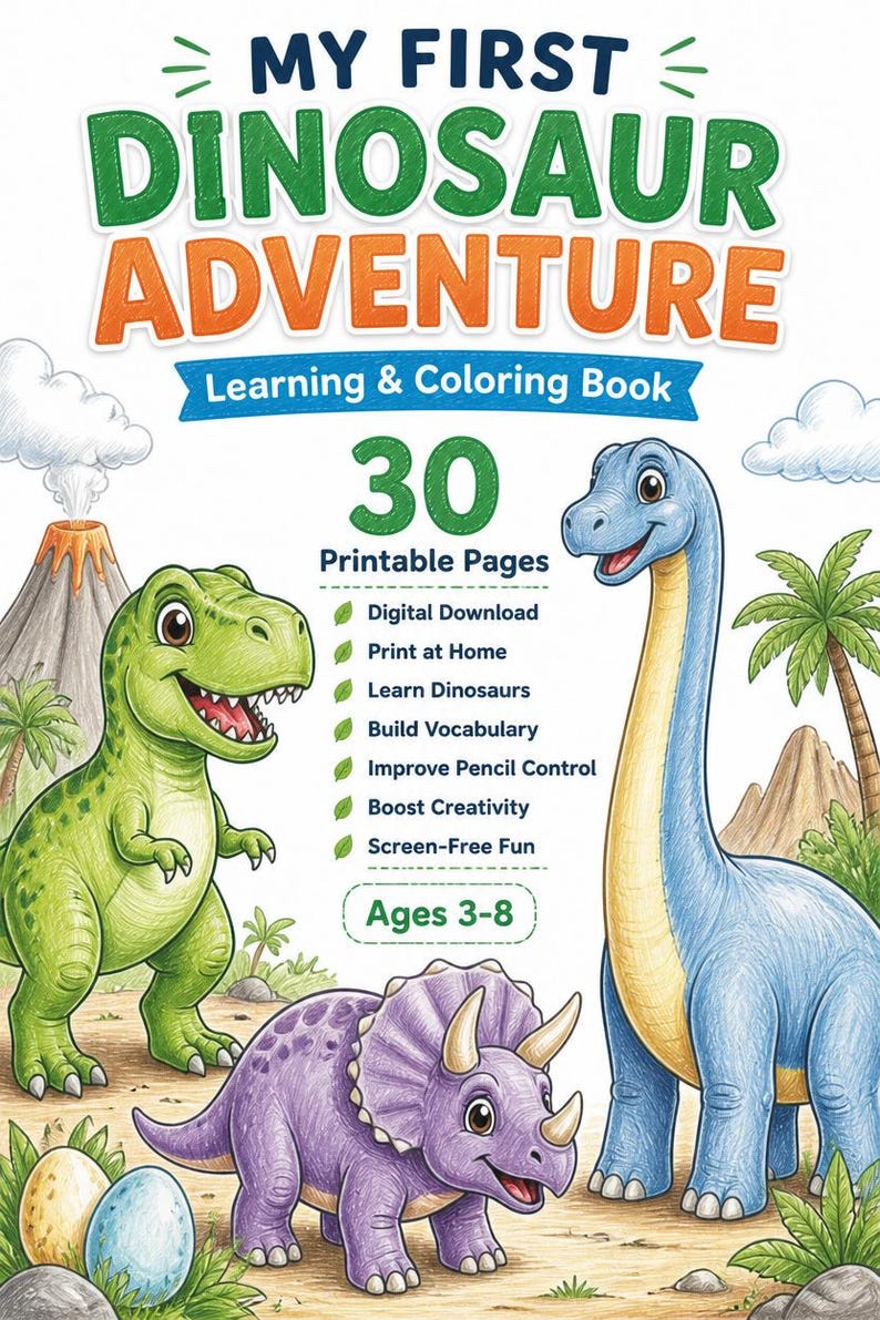 30 Printable Dinosaur Adventure Coloring Book, Dinosaurs, Learning ...