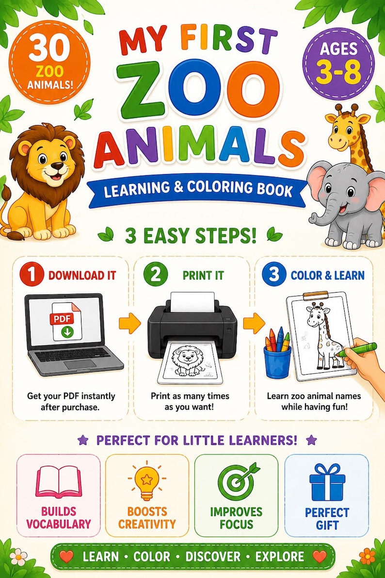 30 Zoo Animals Coloring Book for Kids Ages 3-8 | Educational Learning ...
