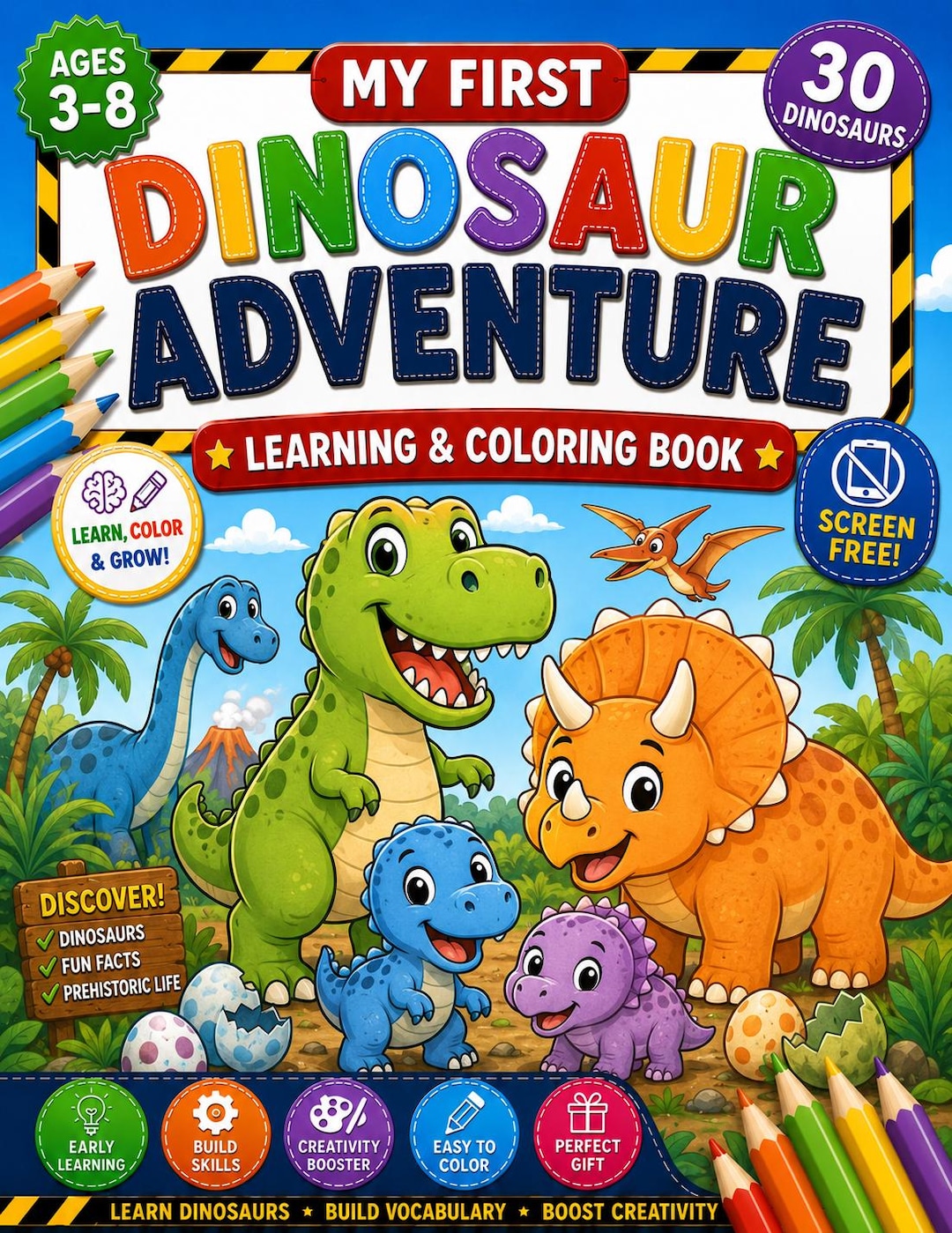 Dinosaur Adventure Coloring Book | 30 Dinosaurs, Learning Activity for ...