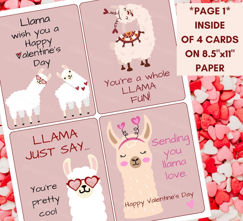 Printable Kids Valentine's Day Cards With Llamas Funny Valentine Day Cards Class Valentine Cards ...