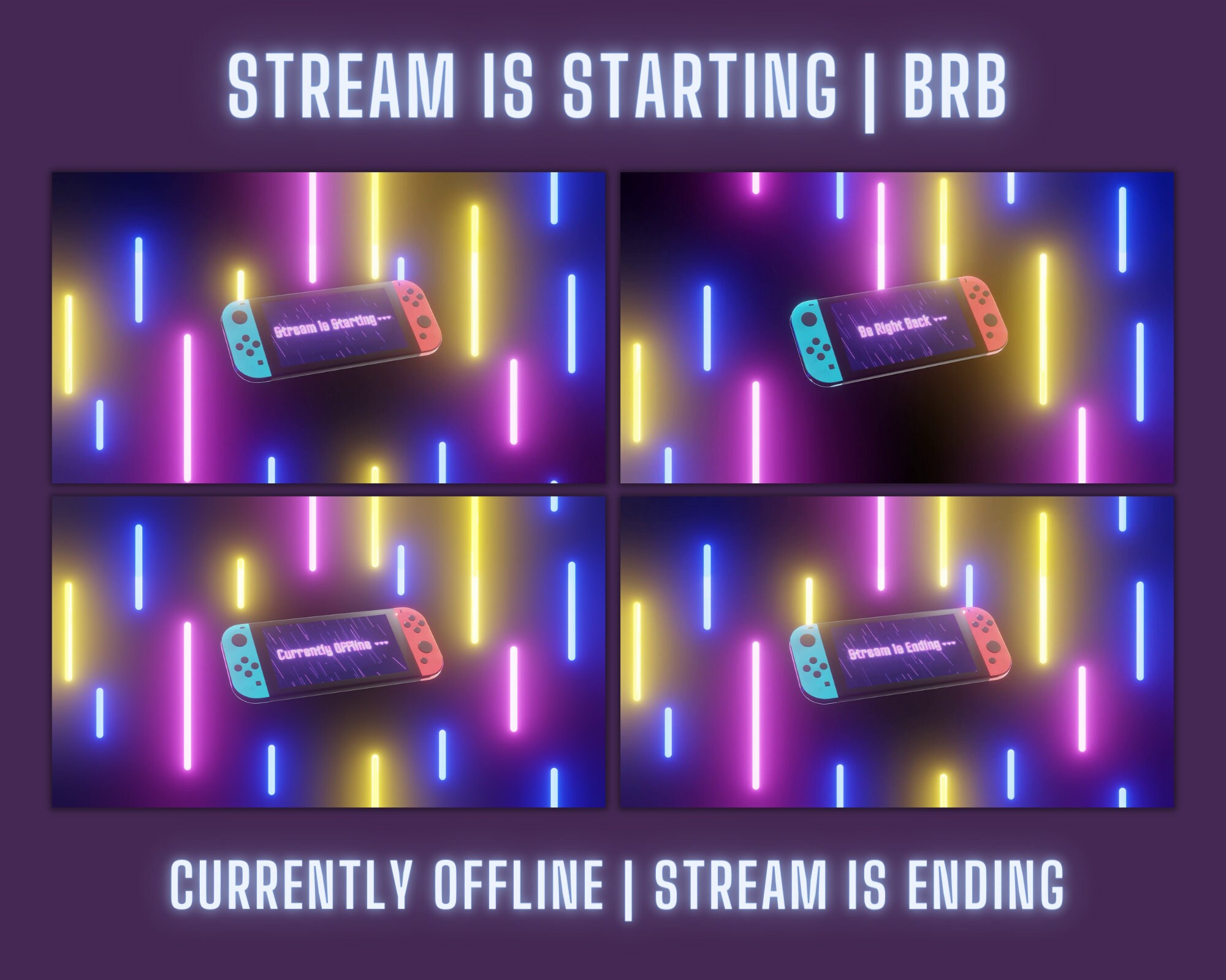 3D Neon Animated Twitch Screens 4x Screen Stream Starting Soon Be Right ...