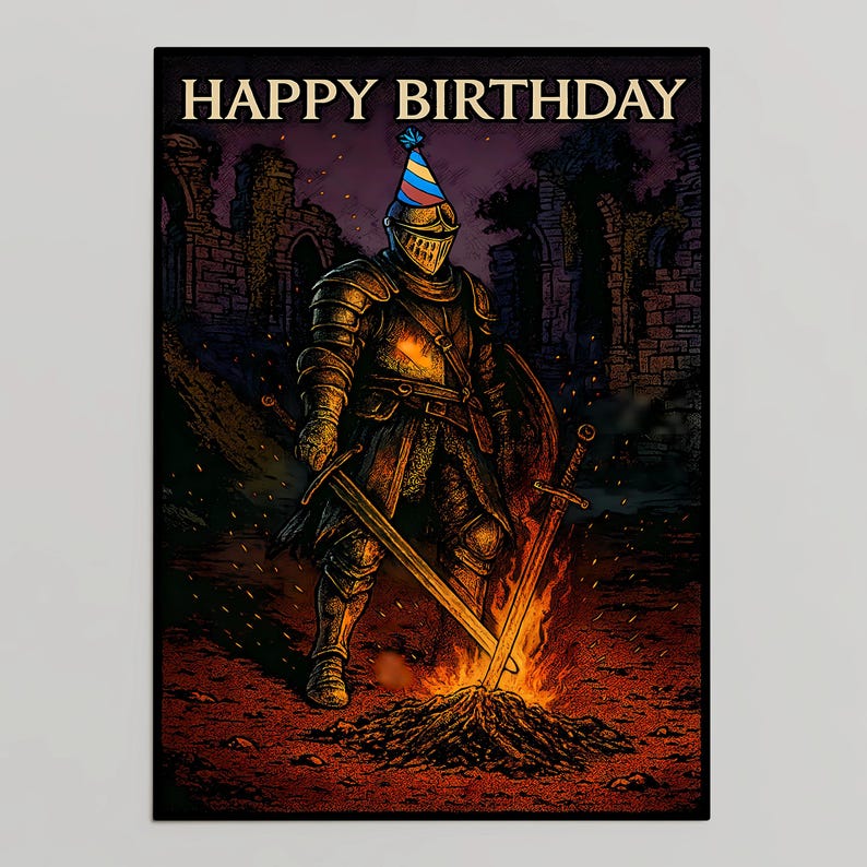 Dark Souls Birthday Card, 5x7 Nostalgic Bonfire Greeting Card, Medieval ...