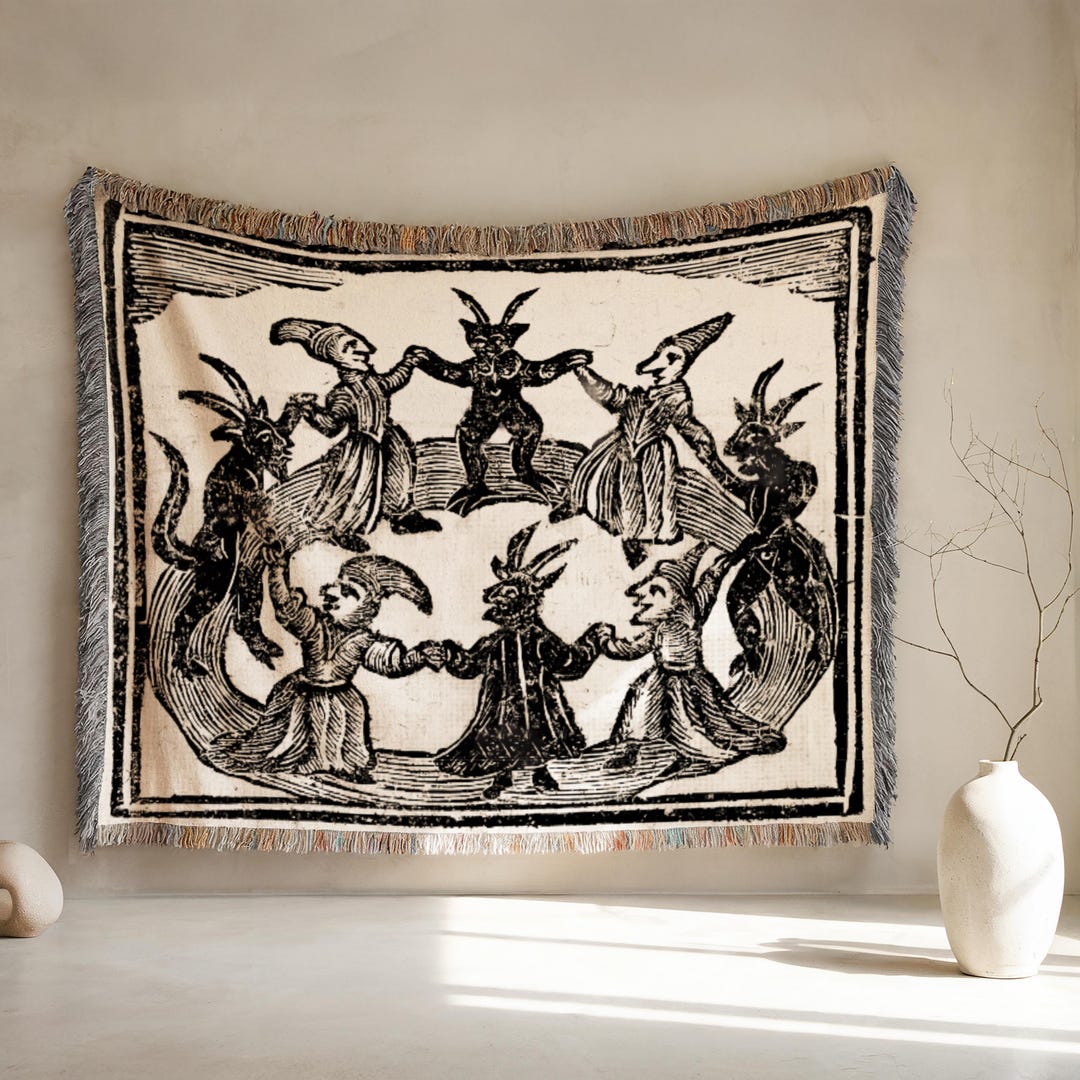 Witches Dancing With Devils Woven Blanket, 1720 Occult Woodcut Throw ...