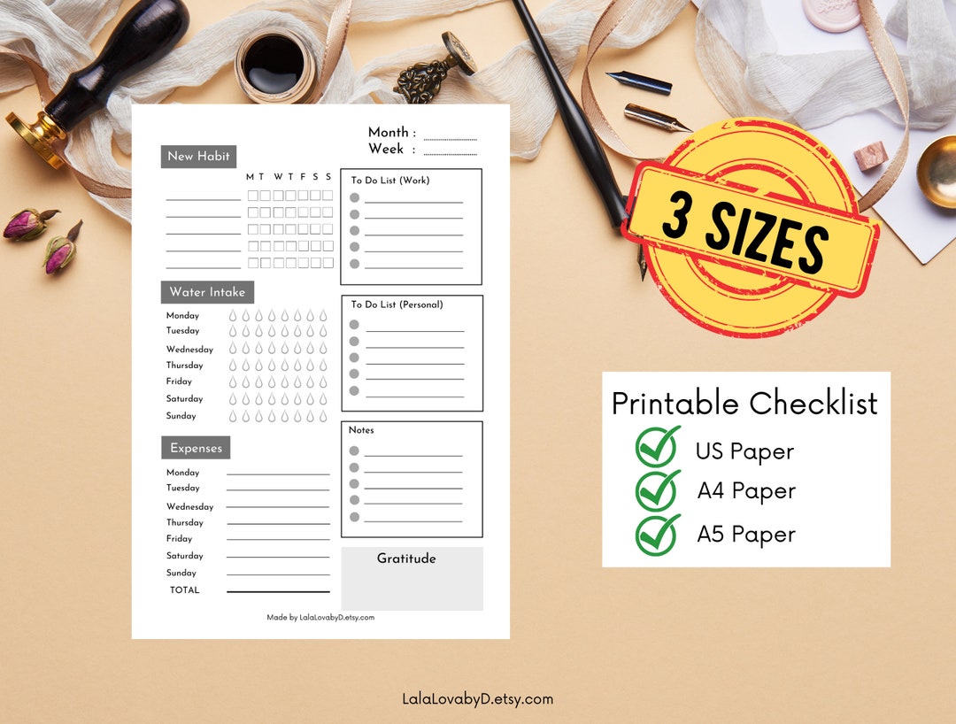 Checklist Planner, Printable Pdf File, A4 A5 US Letter Size, New Habit ...