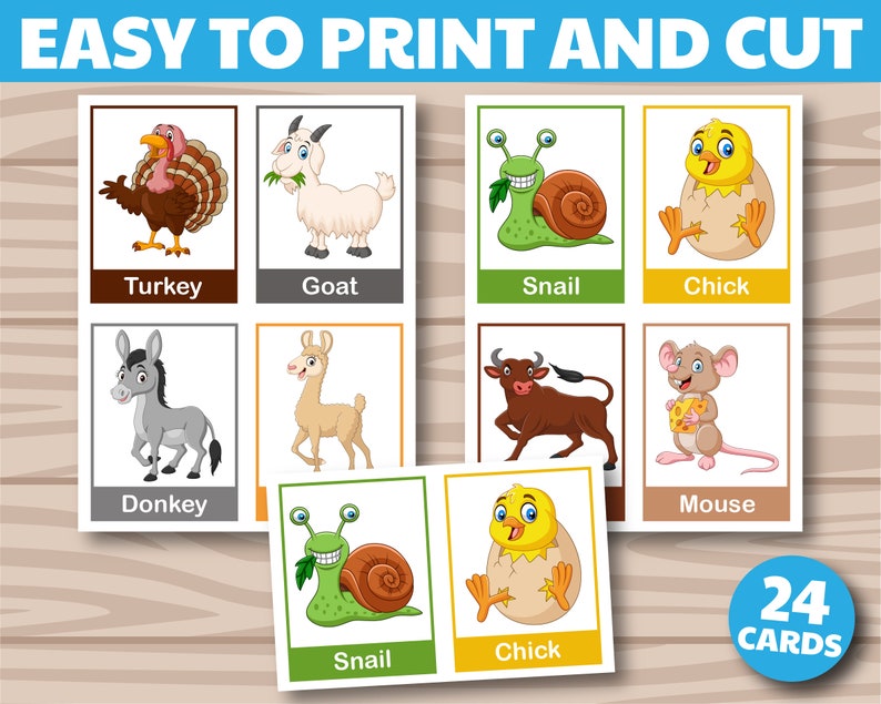 24 Farm Animals Cards, Montessori Flash Cards, Cute Farm Animals ...