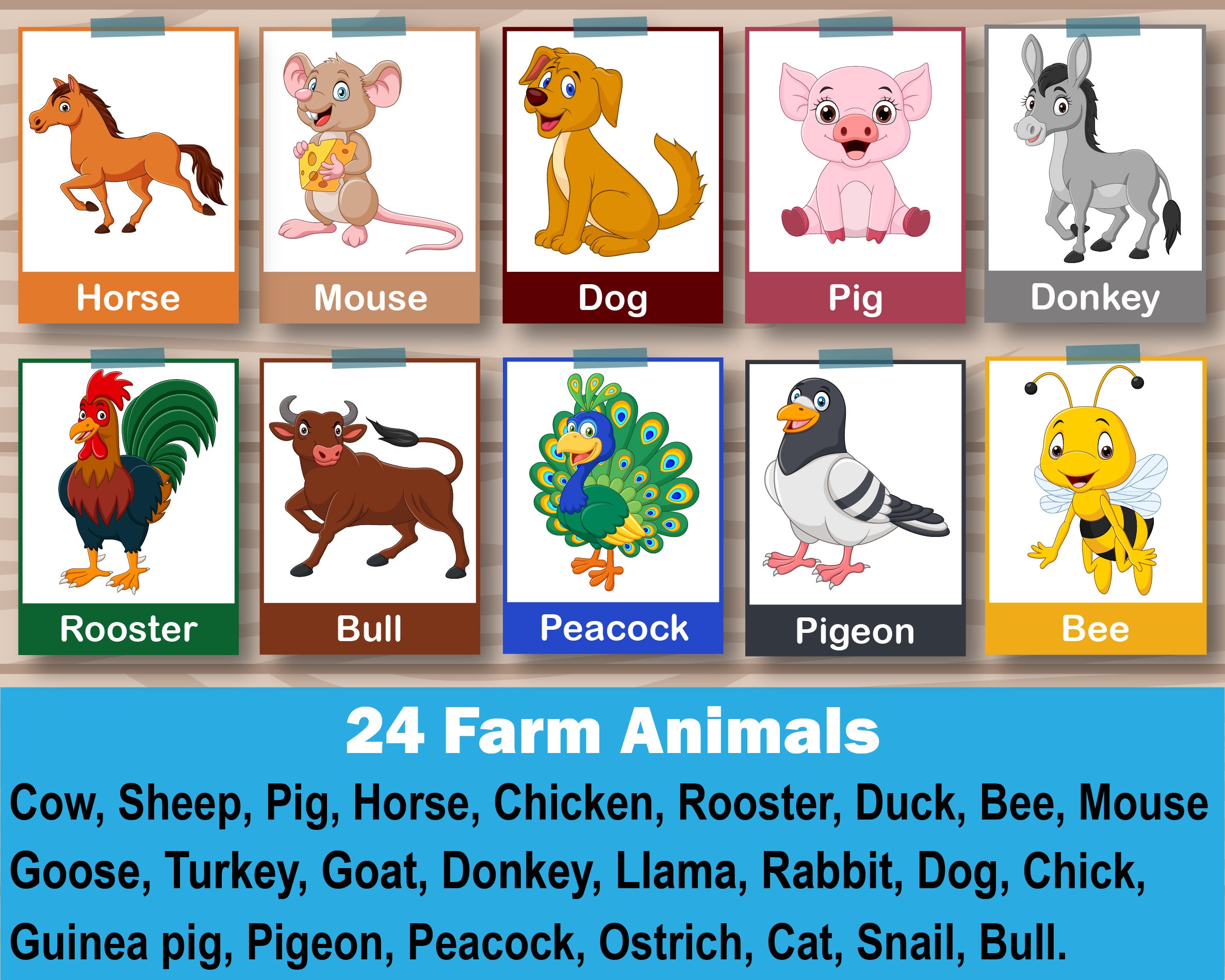 24 Farm Animals Cards, Montessori Flash Cards, Cute Farm Animals ...