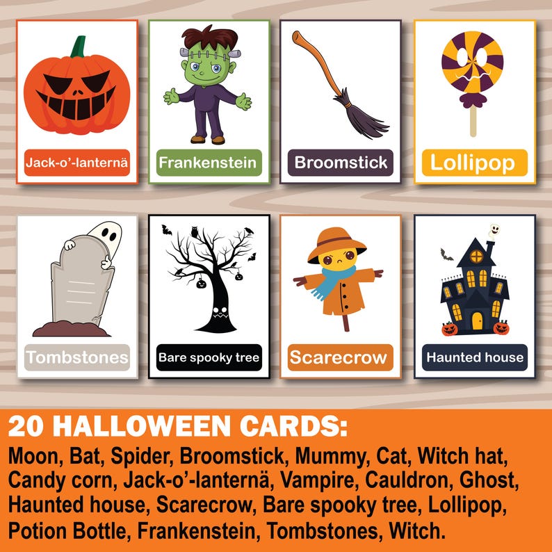 20 Kawaii Halloween Flashcards for Kids, Cute Vocabulary Cards ...