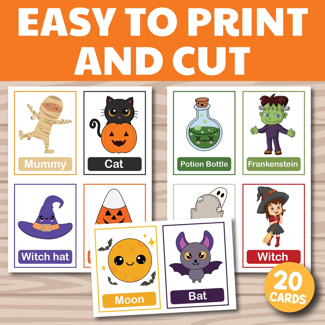 20 Kawaii Halloween Flashcards for Kids, Cute Vocabulary Cards ...