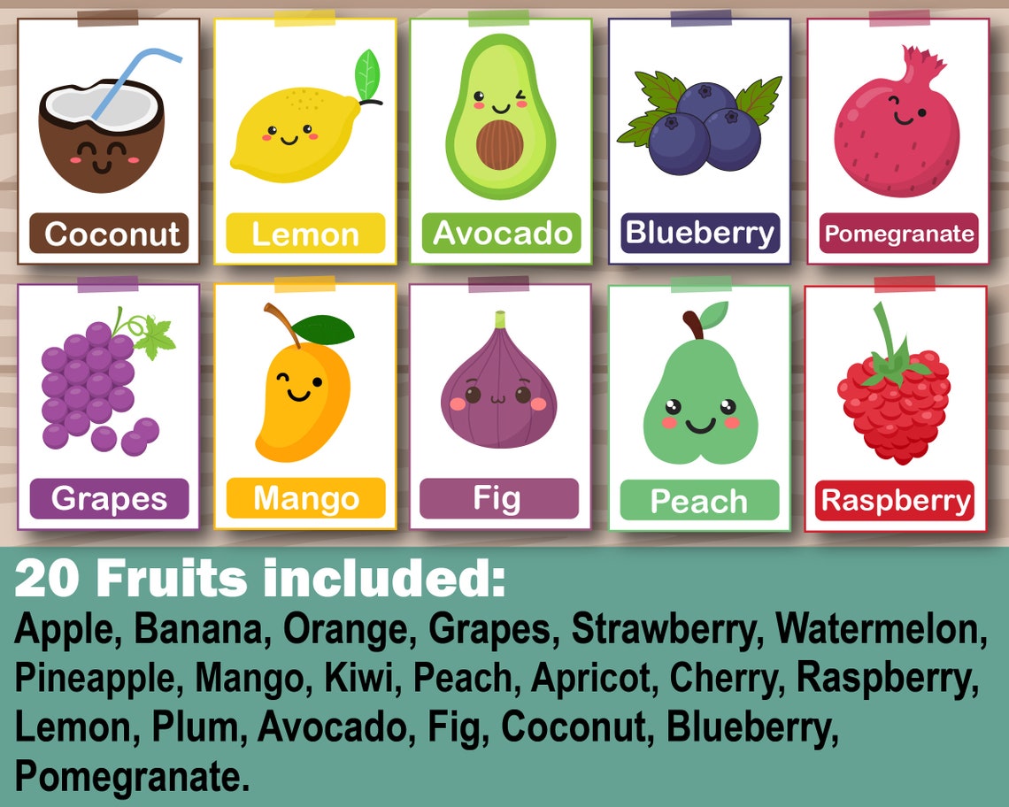 20 Fruits Flash Cards, Montessori Flashcards, Pre-school Cards ...