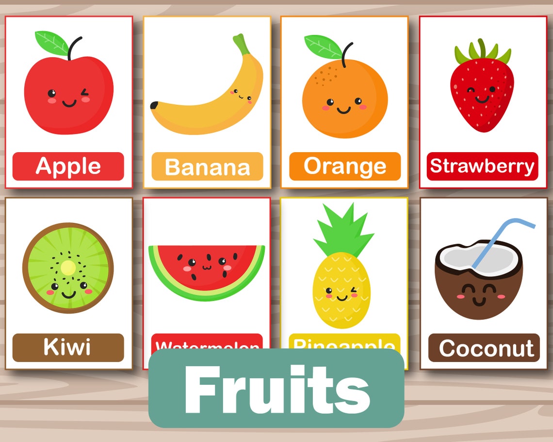 20 Fruits Flash Cards, Montessori Flashcards, Pre-school Cards ...