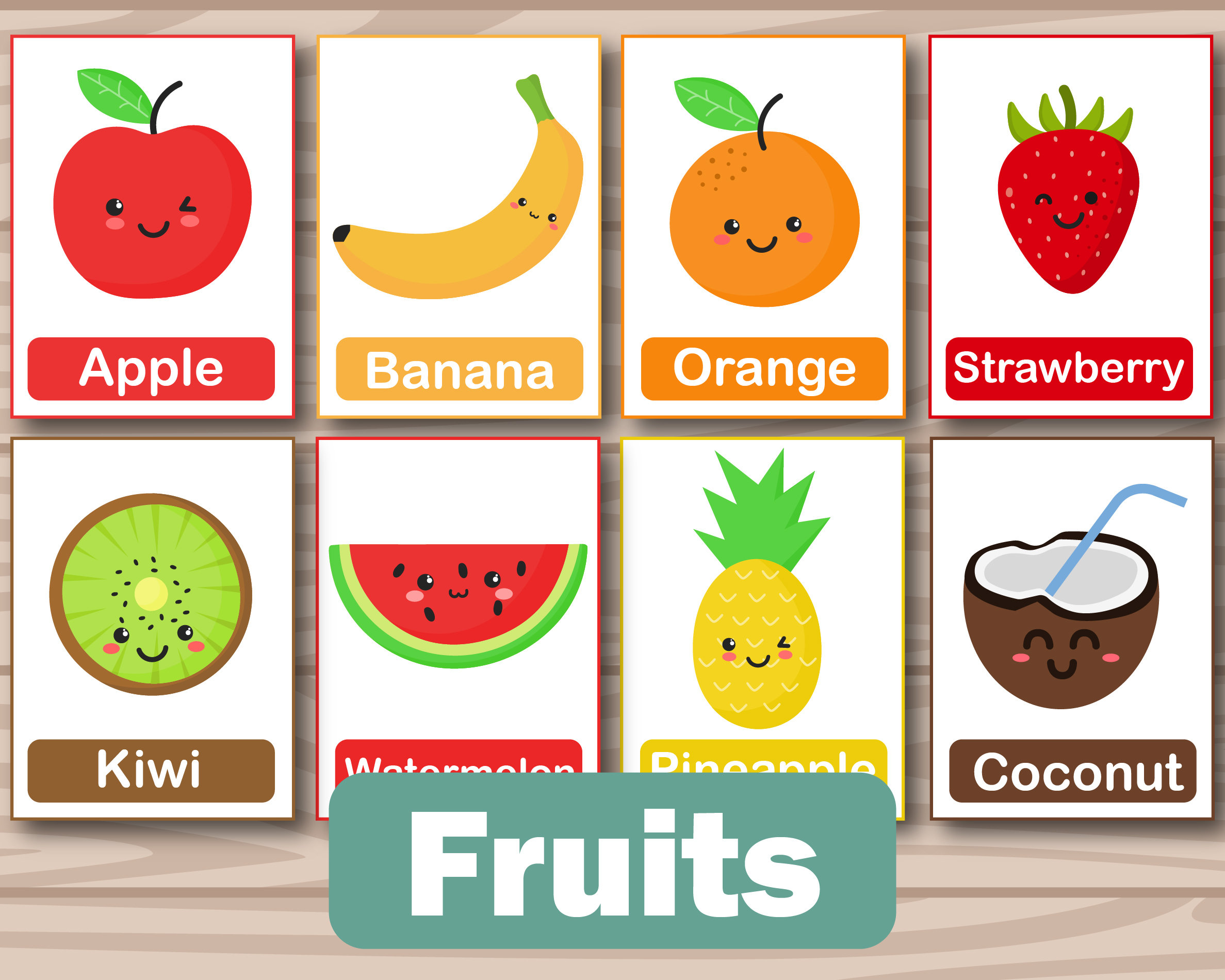 20 Fruits Flash Cards, Montessori Flashcards, Pre-school Cards ...