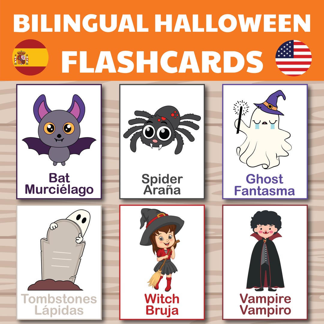 Bilingual Halloween Flashcards for Kids, English-spanish Vocabulary, 20 ...