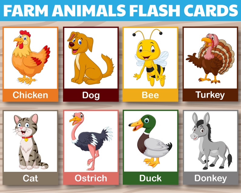24 Farm Animals Cards, Montessori Flash Cards, Cute Farm Animals ...