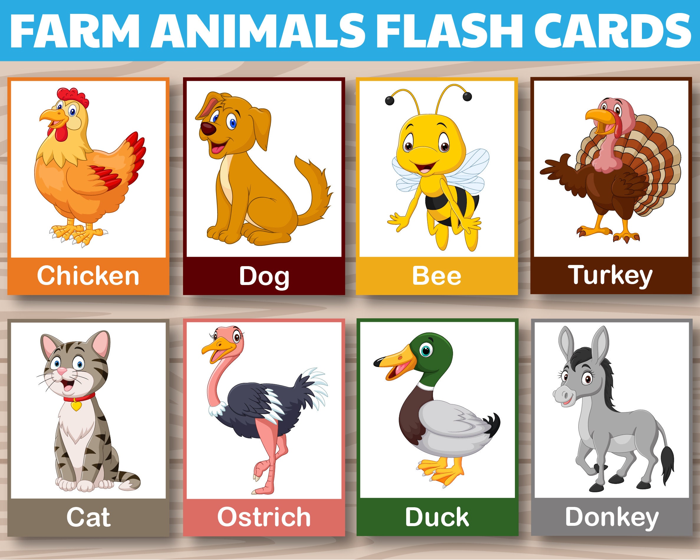 24 Farm Animals Cards, Montessori Flash Cards, Cute Farm Animals ...