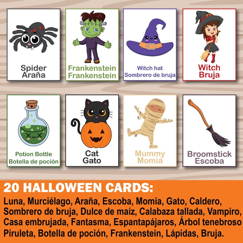 Bilingual Halloween Flashcards for Kids, English-spanish Vocabulary, 20 ...
