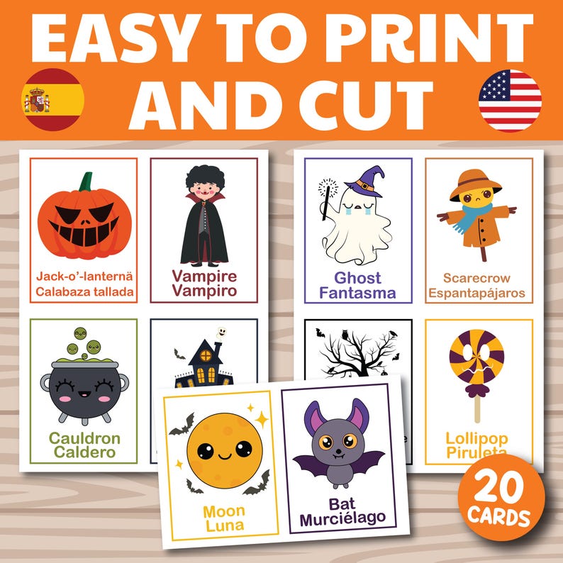 Bilingual Halloween Flashcards for Kids, English-spanish Vocabulary, 20 ...