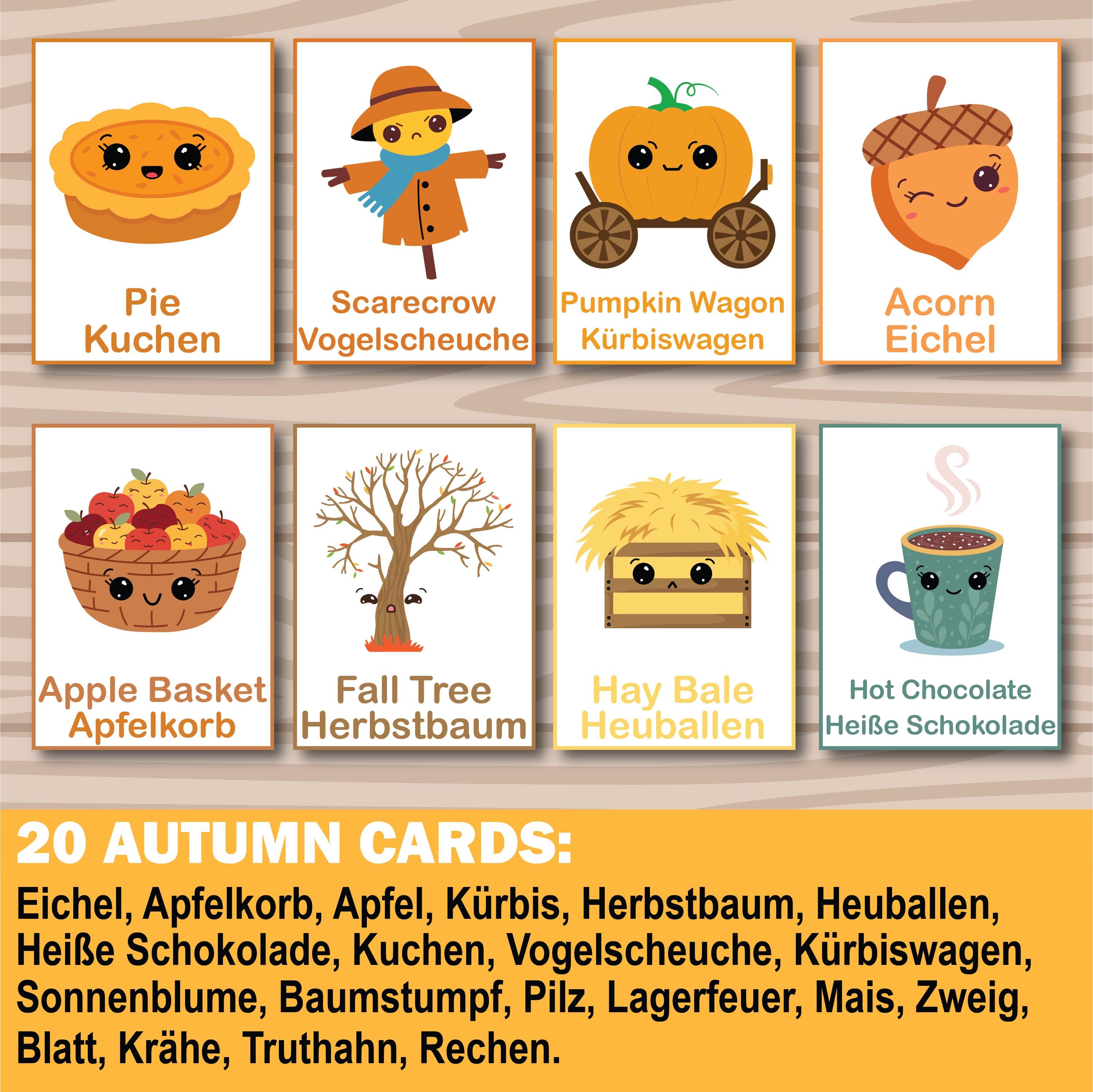 Autumn Flashcards Printable, 20 Fall Vocabulary Cards PDF, Bilingual ...