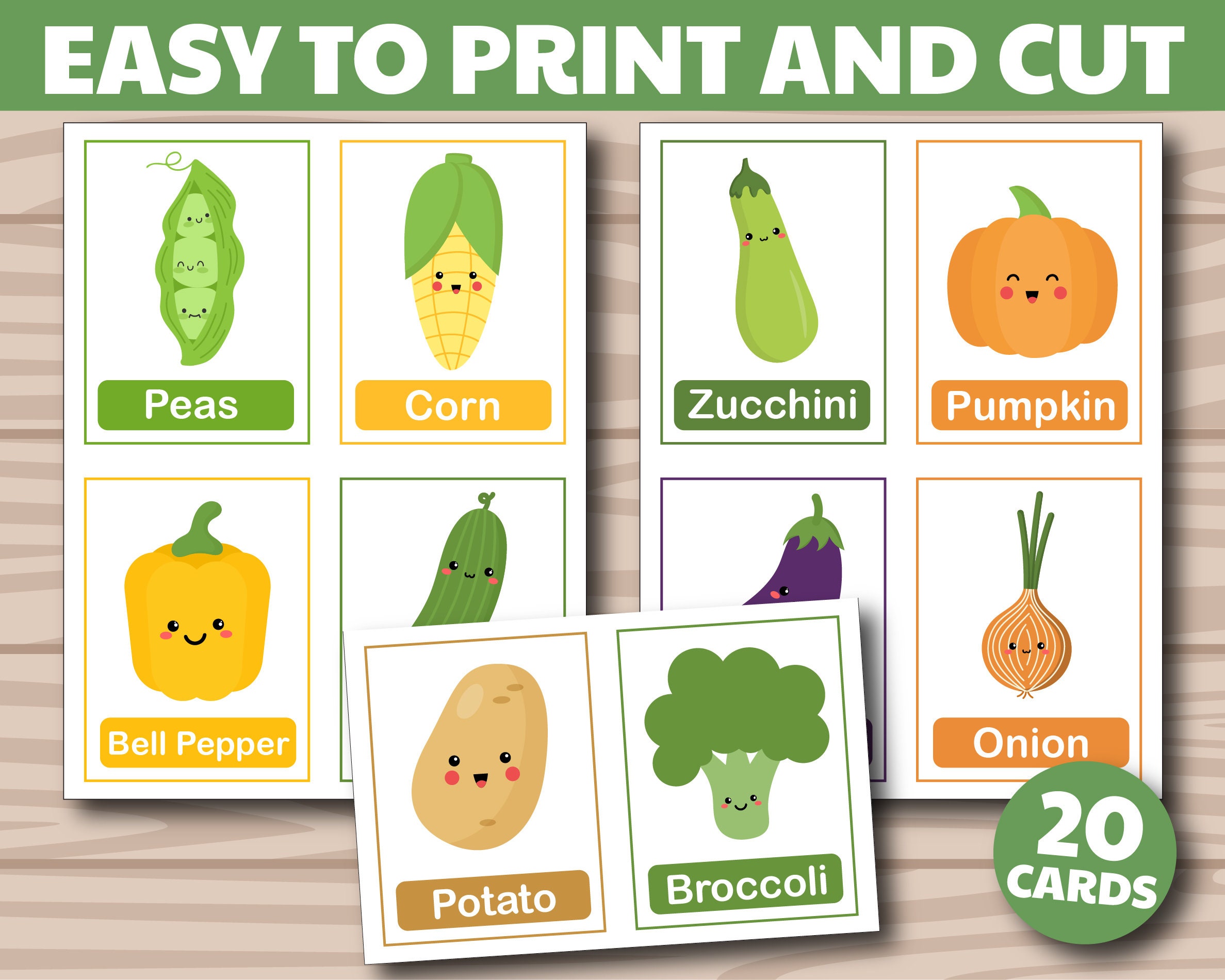 20 Vegetables Flash Cards, Montessori Flashcards, Pre-school Cards ...