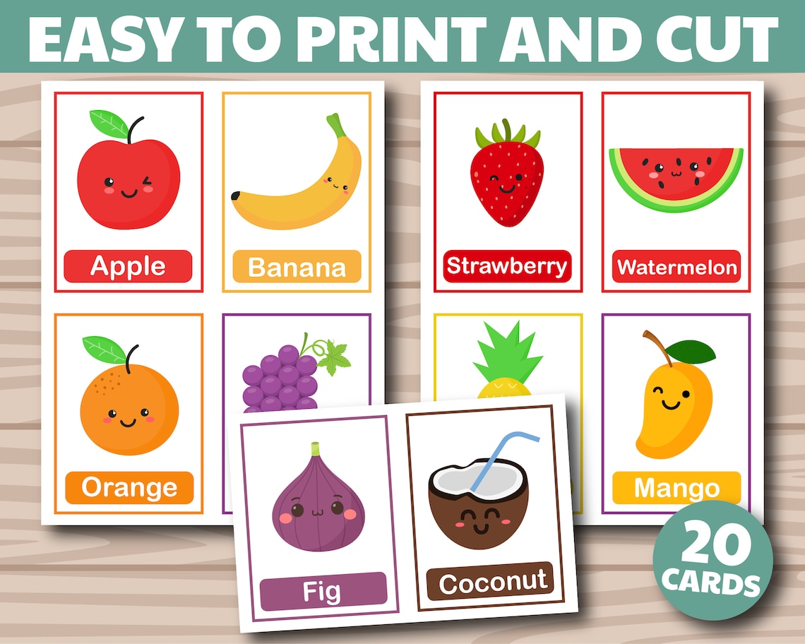 20 Fruits Flash Cards, Montessori Flashcards, Pre-school Cards ...