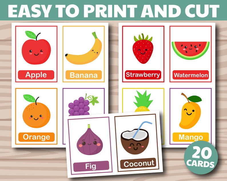 20 Fruits Flash Cards, Montessori Flashcards, Pre-school Cards ...