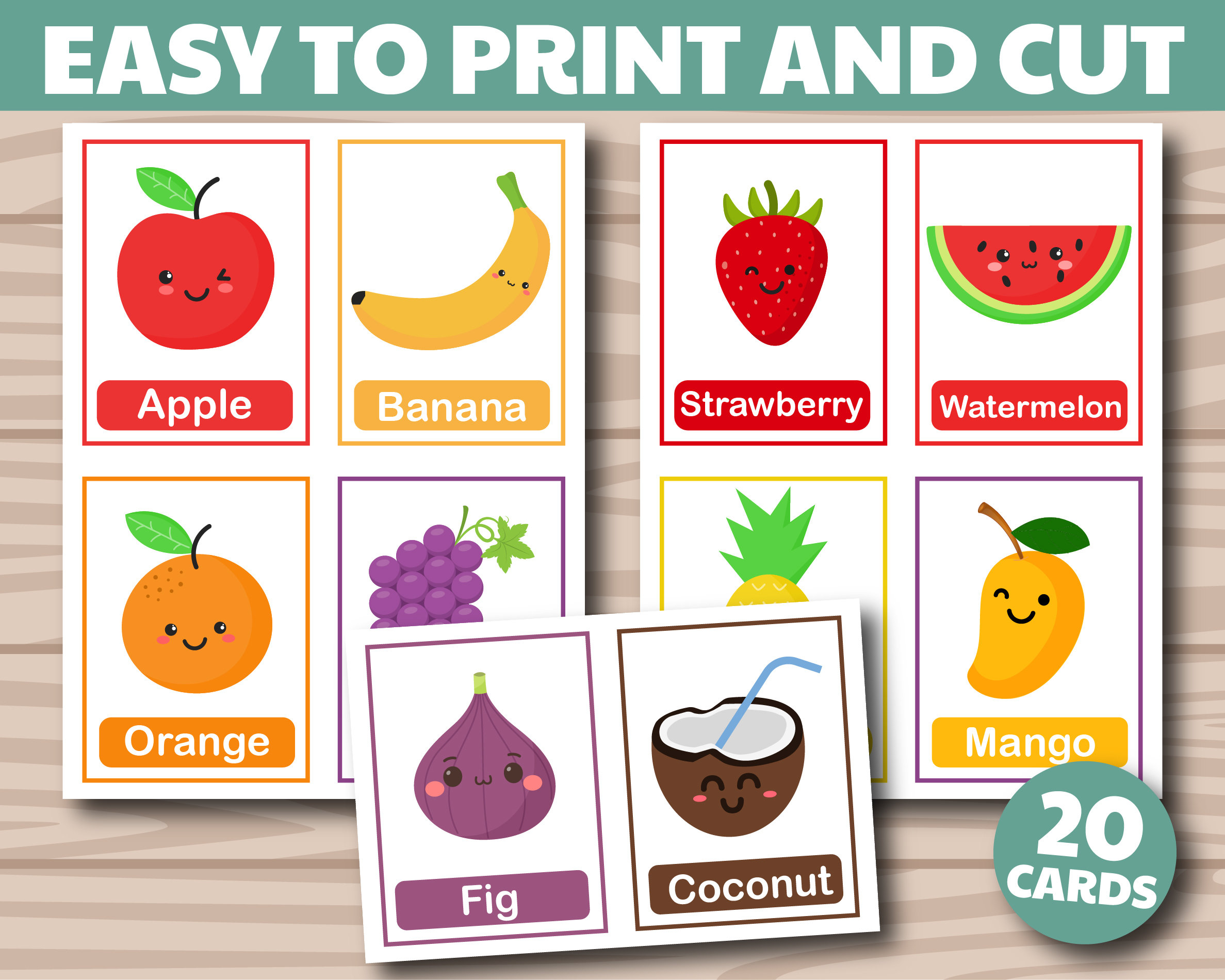 20 Fruits Flash Cards, Montessori Flashcards, Pre-school Cards ...
