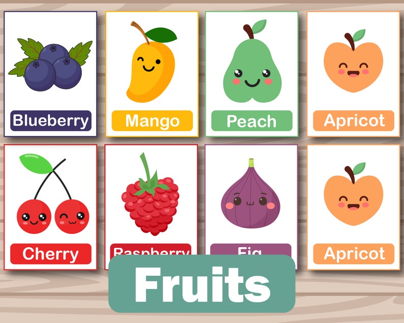 20 Fruits Flash Cards, Montessori Flashcards, Pre-school Cards ...