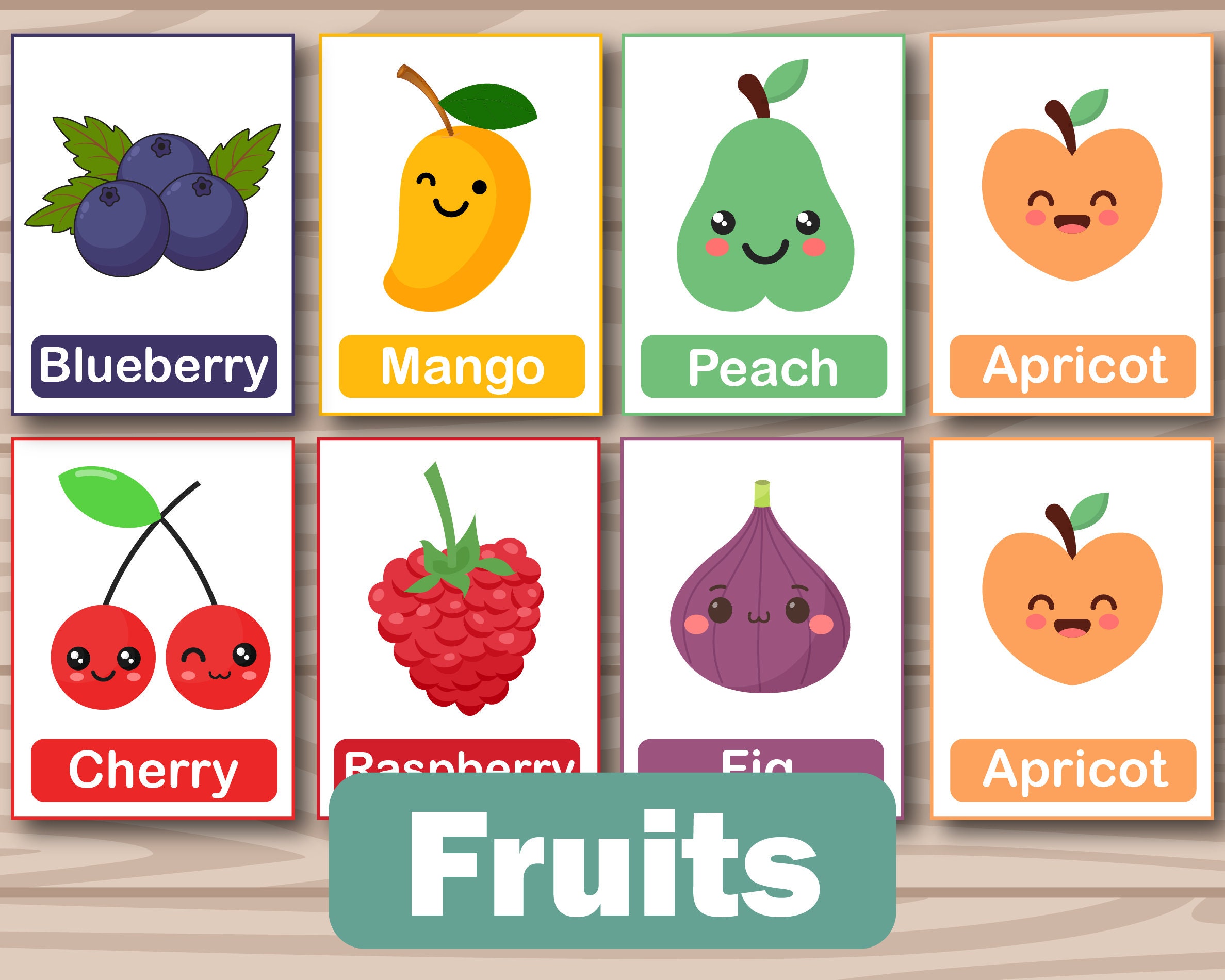 20 Fruits Flash Cards, Montessori Flashcards, Pre-school Cards ...