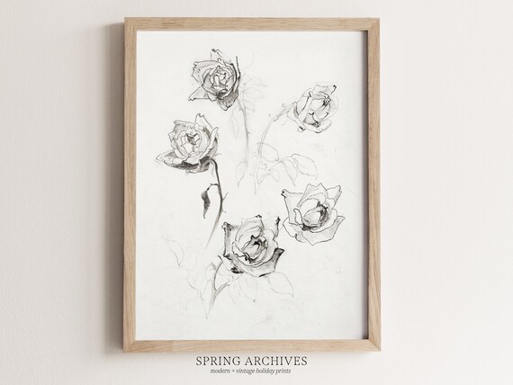 PRINTABLE Vintage Rose Sketch Art Print Valentines Day Home | Etsy