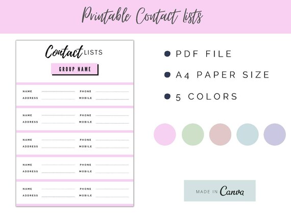 Printable Contact List Print at Home Address Book Insert | Etsy