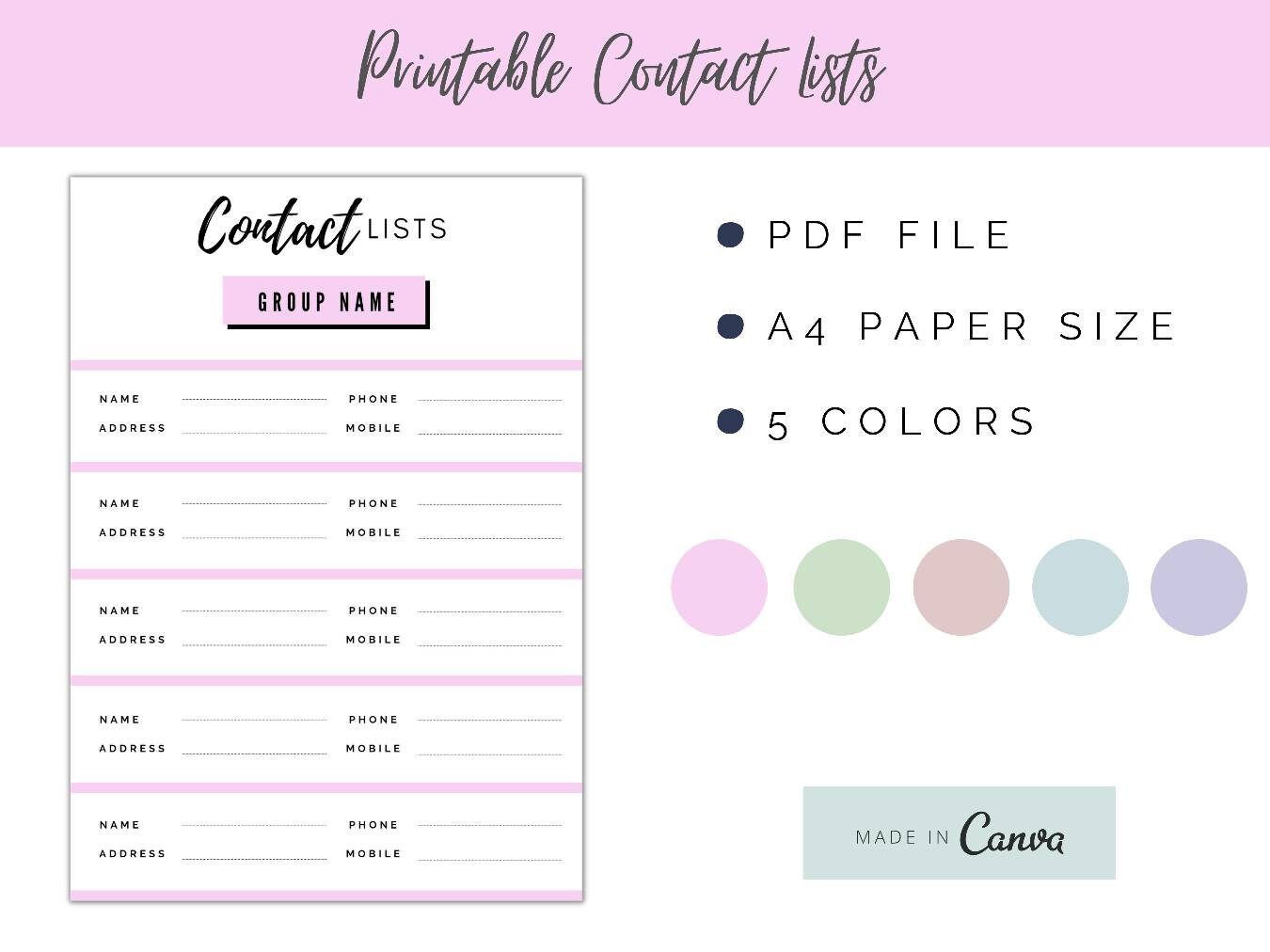Printable Contact List, Print at Home Address Book Insert, Simple A4 ...