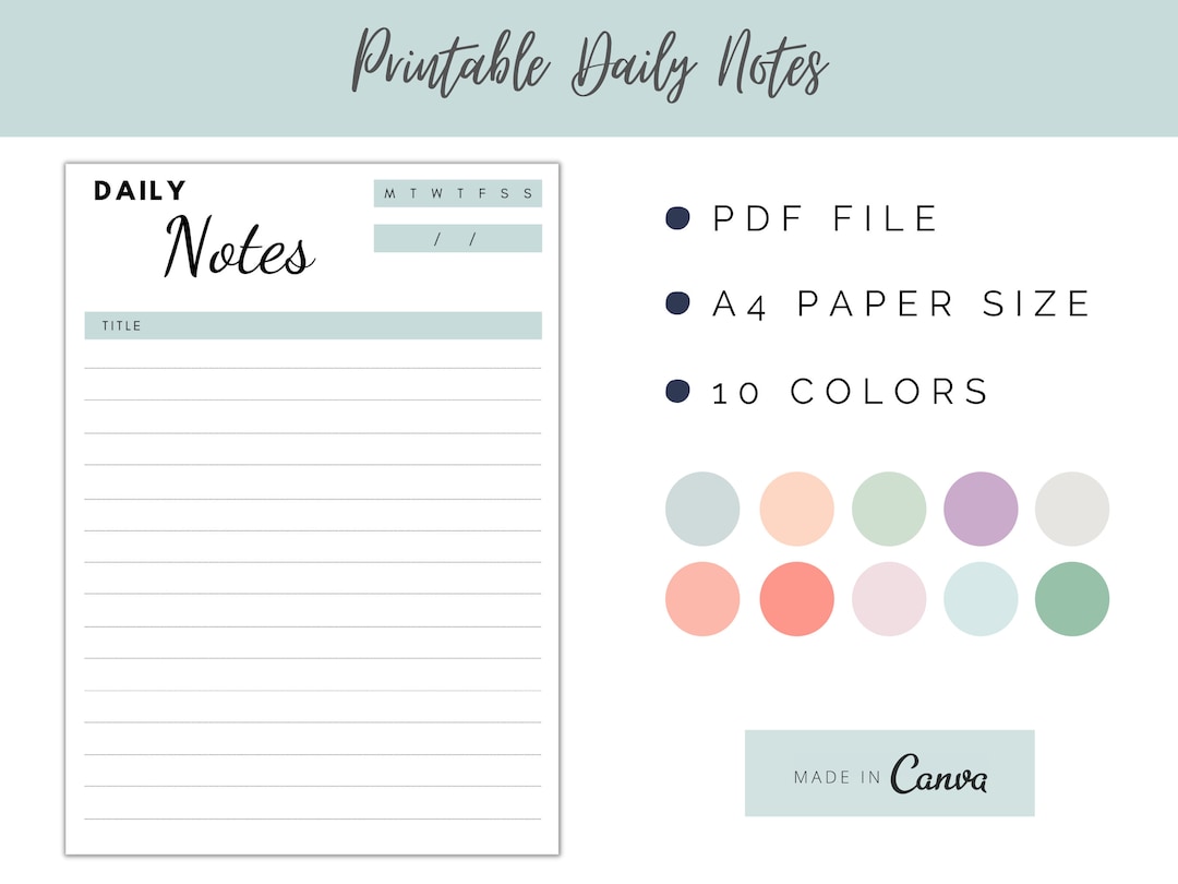 Printable Daily Notes, Print at Home College Student Lined Note Taking ...