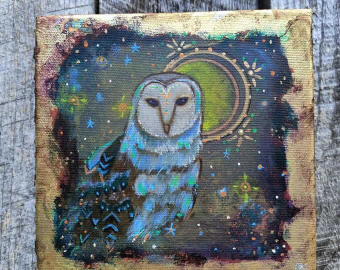 Moon Keeper” by Casey Weston. Mini Owl Painting on 6x6 Gold Foil Canvas ...